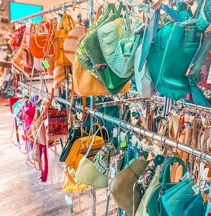 A rainbow of handbags dangles like fashionable fruit, ripe for the picking and at prices that won't give your credit card a workout.
