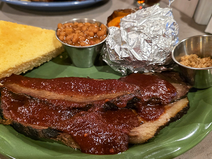 Brisket that doesn't need a passport to transport you to flavor country, served with cornbread that would make your grandmother jealous.