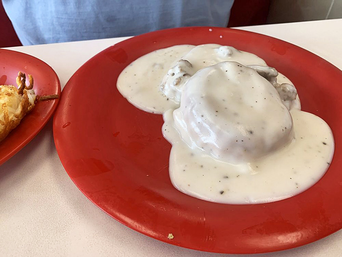 Behold the holy grail of Southern breakfast: biscuits drowning happily in creamy pepper-flecked gravy. Diet culture weeps in the distance.