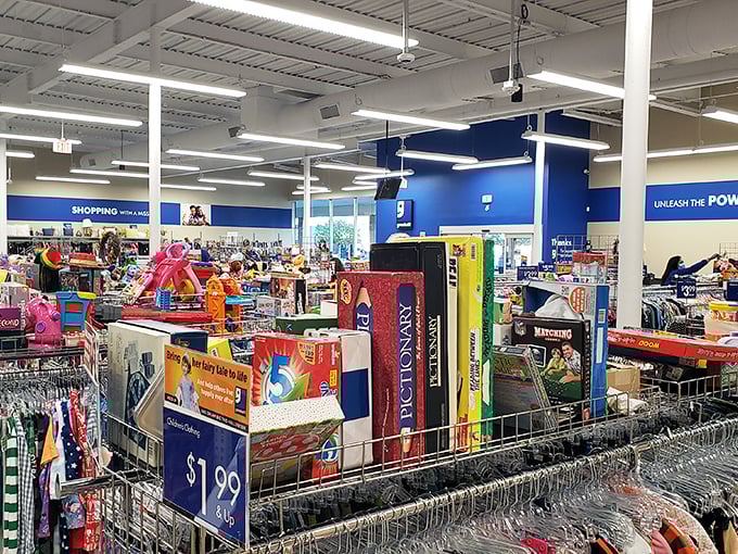 The store's mission shines through in its thoughtful organization, where even board games and toys find new homes at prices starting at just $1.99.
