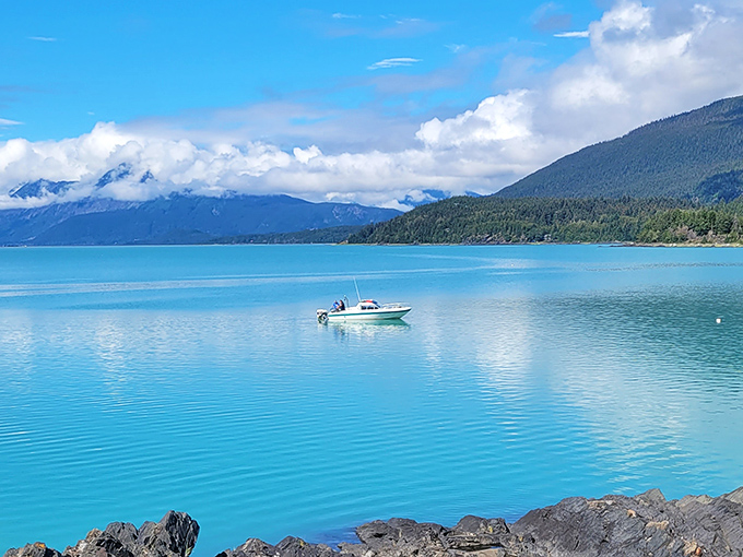 That moment when your boat looks like a toy in nature's bathtub. The water so blue it makes the Caribbean jealous.