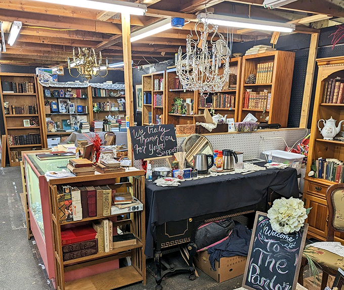 A bibliophile's dream corner where leather-bound classics share shelf space with quirky vintage cookbooks and forgotten bestsellers.
