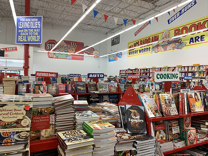 The book section rivals small-town libraries, with prices that make bibliophiles weep tears of joy. That "leaving the real world" sign speaks truth.