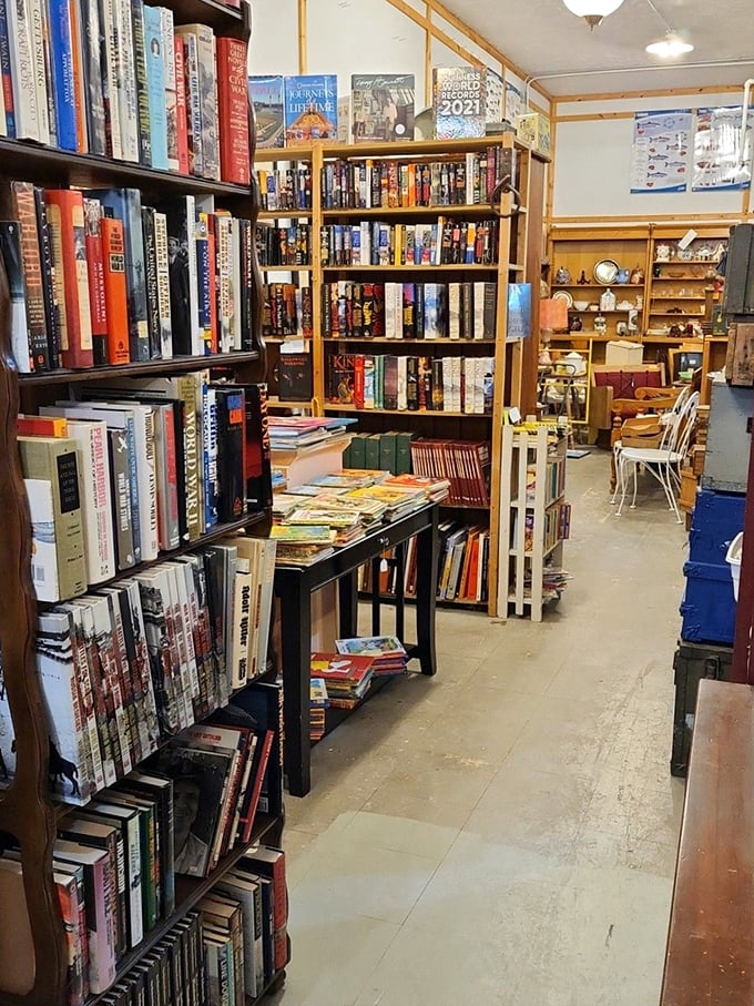 The book section rivals any small-town library, with shelves stretching from floor to ceiling. Literary treasures await the patient browser.