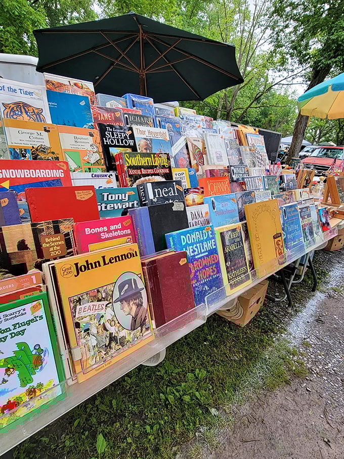 Literary treasures await beneath a green umbrella, from Beatles biographies to Southern Living classics and children's favorites.