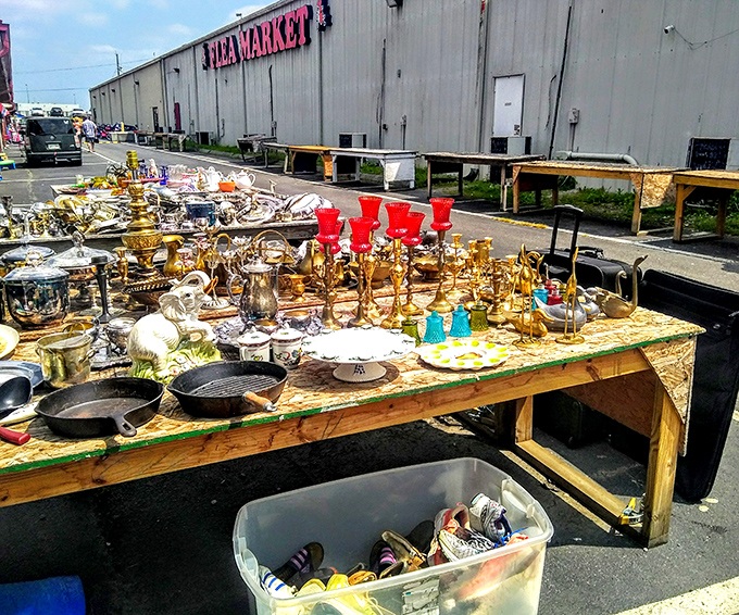 Gleaming brass treasures and cast iron cookware bask in the Tennessee sunshine, waiting for eagle-eyed collectors to give them new homes.