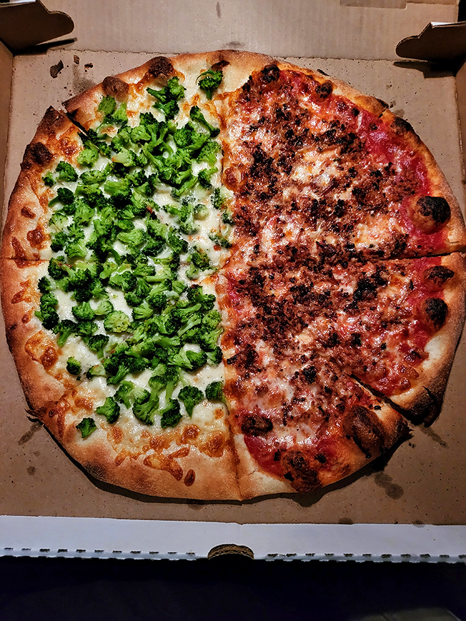 Half broccoli, half traditional&mdash;the pizza equivalent of having your cake and eating your vegetables too. A compromise everyone can agree on.