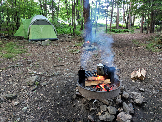 S'mores central! The quintessential camping experience awaits with that hypnotic campfire glow and the promise of chocolate-marshmallow nirvana.