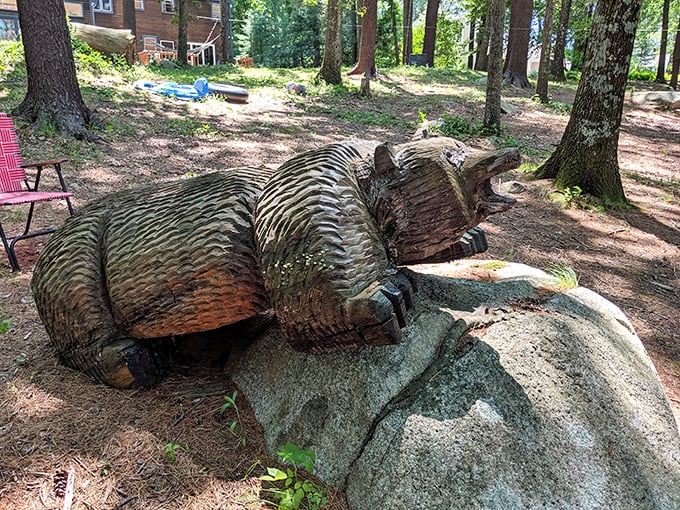 This wooden bear sculpture lounges like it's auditioning for a wilderness remake of "The Big Lebowski"&mdash;nature's art gallery with pine-scented air conditioning.