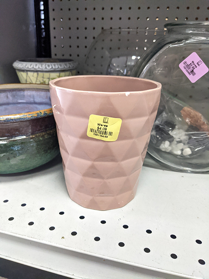 A geometric pink vase waits for its second act. At $4, it's the kind of find that makes you feel like you've outsmarted the retail gods.