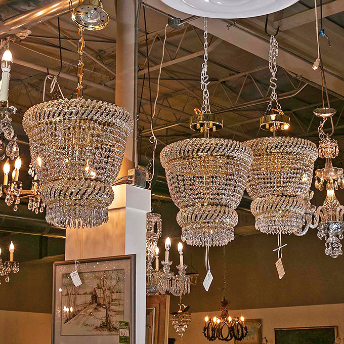 Chandeliers that would make Liberace nod in approval. These crystal beauties have likely illuminated everything from debutante balls to poker nights.