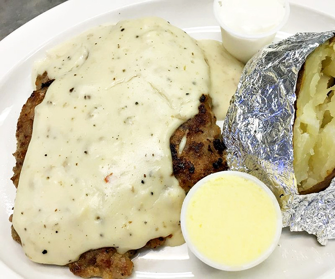 Country-fried steak smothered in peppery gravy that would make your grandmother both jealous and proud at the same time.
