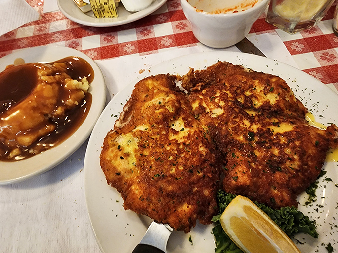 The chicken Romano—golden, crispy, and perfectly seasoned—sits proudly on the plate like it knows exactly how good it is.