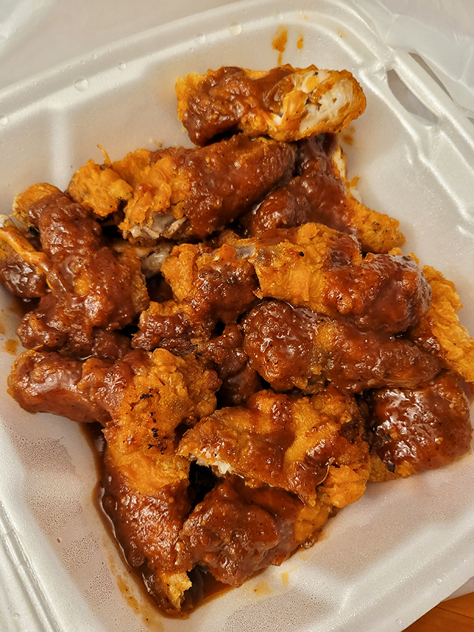 These chicken tenders have clearly been raised with love and bathed in sauce that would make even the most stoic Midwesterner shed a tear of joy.