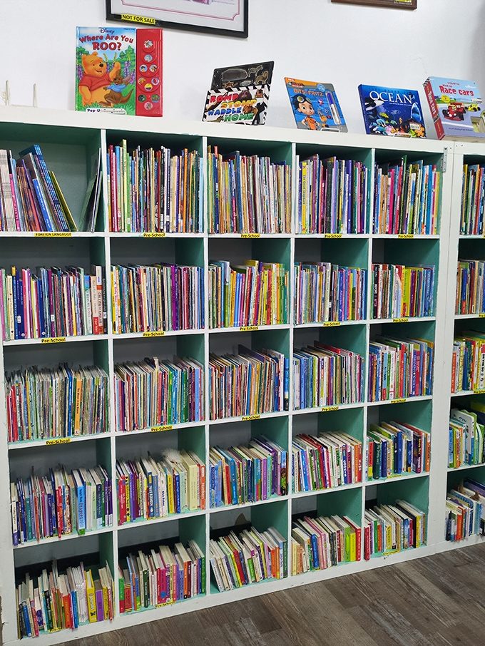 The children's book section: where Winnie the Pooh and ocean explorers stand ready to captivate young minds without emptying parents' wallets.