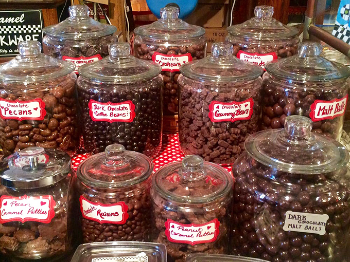 Chocolate heaven doesn't need pearly gates when it has glass jars. From pecans to malt balls, each label promises a different path to sweet salvation.