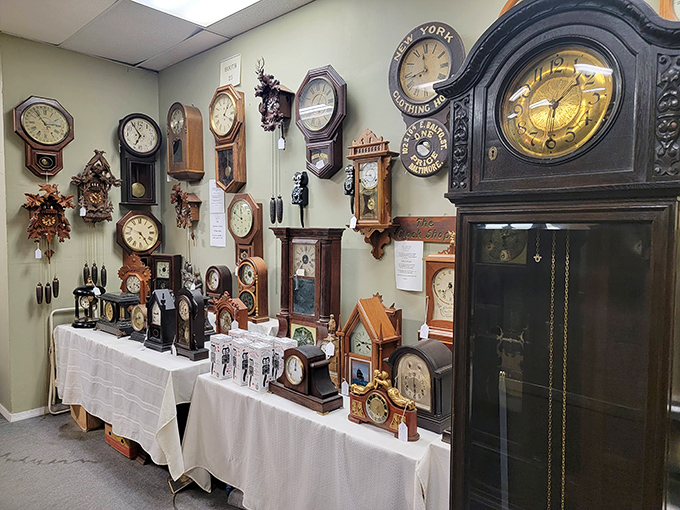 Time literally stands still in the clock section. Grandfather, cuckoo, and mantel varieties gather like attendees at the world's most punctual convention.