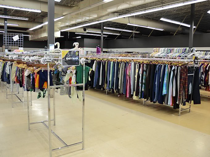 The meticulously organized clothing department transforms shopping from chaotic rummaging into a surprisingly civilized treasure hunt.