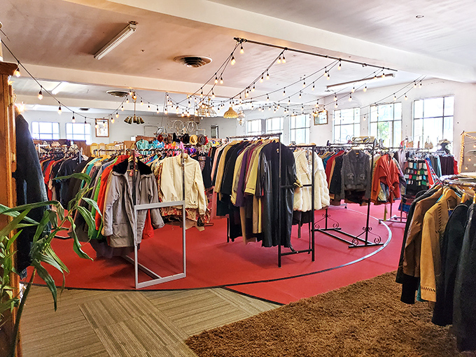 The clothing section: where vintage leather jackets hang like time capsules under twinkling lights, each with stories stitched into their seams.