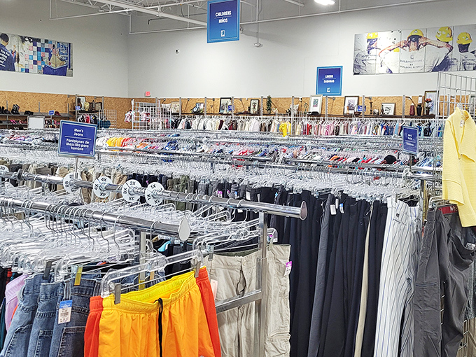 The clothing section: organized chaos at its finest. Color-coded racks make finding that perfect button-down for tomorrow's interview a breeze rather than a scavenger hunt.