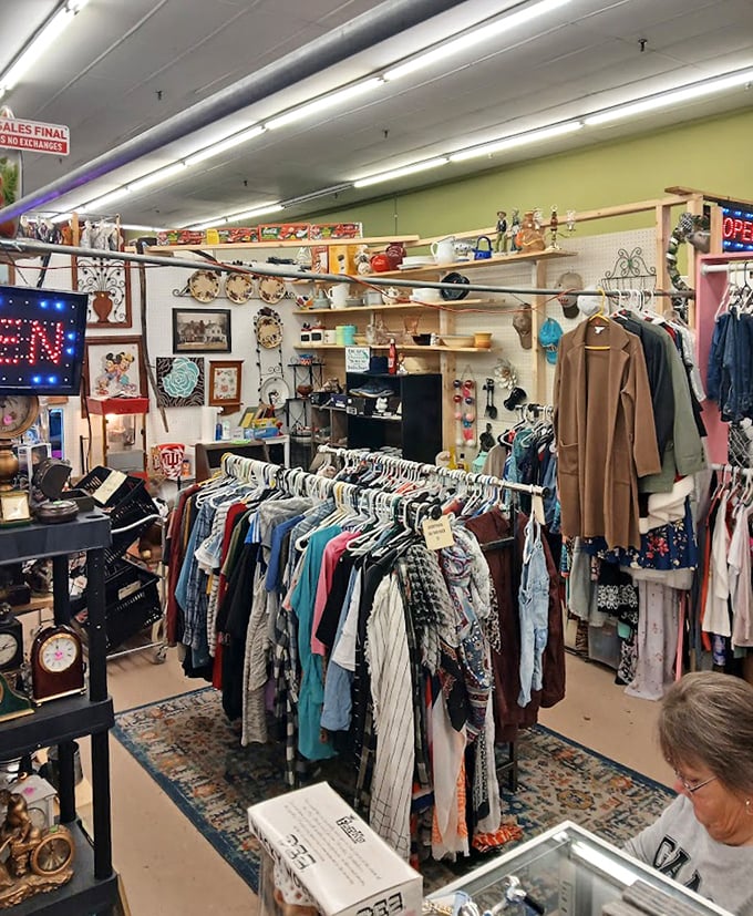 Vintage clothing racks burst with decades of fashion history—where your next signature look might have already been someone else's glory days.