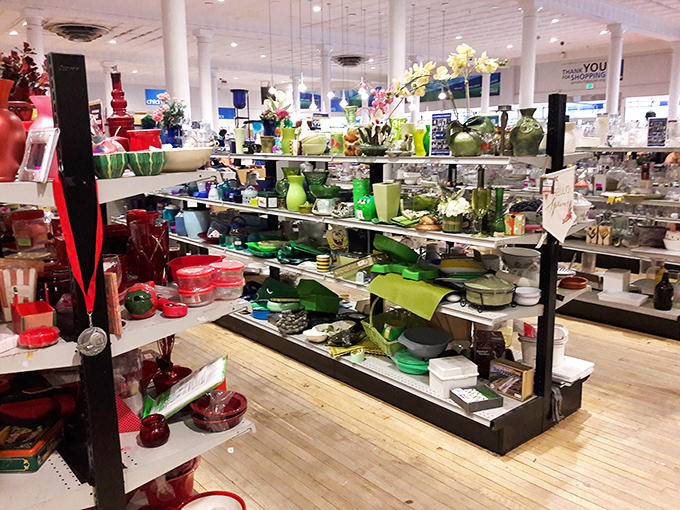 The housewares section organized by color creates an accidental art installation. Martha Stewart would approve of this chromatic symphony.