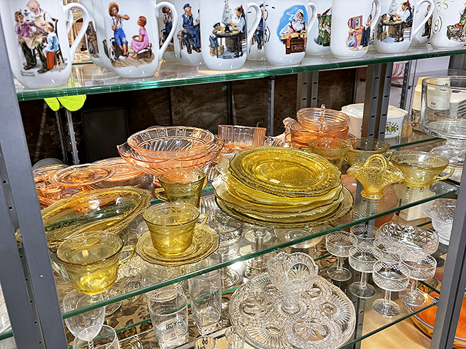 Depression glass that witnessed Prohibition-era dinner conversations now waits for new tables and fresh stories to reflect in its amber glow.