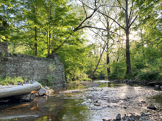 Little Buffalo Creek whispers secrets over ancient stones while boats rest peacefully on its banks.