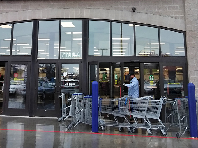 Shopping carts await their treasure-hunting captains outside the arched entryway&mdash;your chariot for bargain questing stands ready.