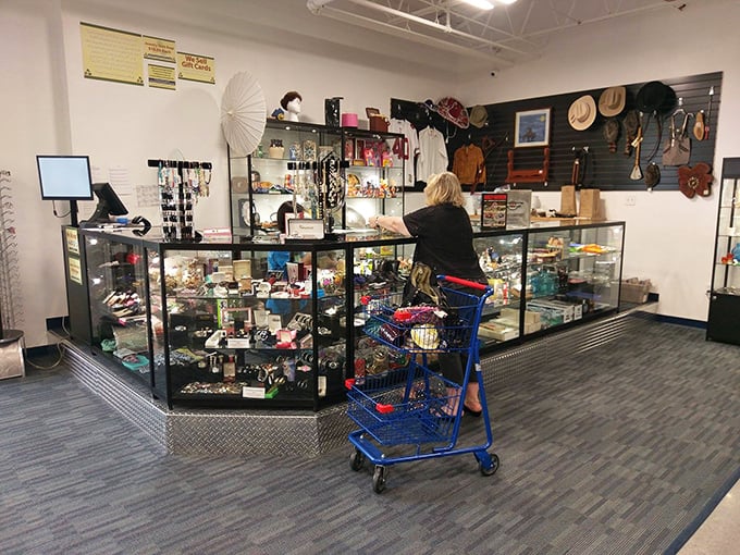 The jewelry counter—where someone's forgotten treasures become your new statement piece at coffee-money prices.