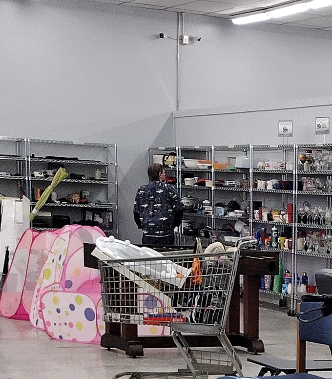 The housewares section offers a time-traveling experience through American kitchens. Somewhere in these shelves is the exact serving dish your grandmother used for holiday dinners.