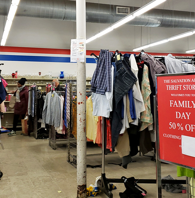 "Family Day" signs announce 50% off clothing&mdash;words that cause regular thrifters' hearts to beat faster than after a double espresso.