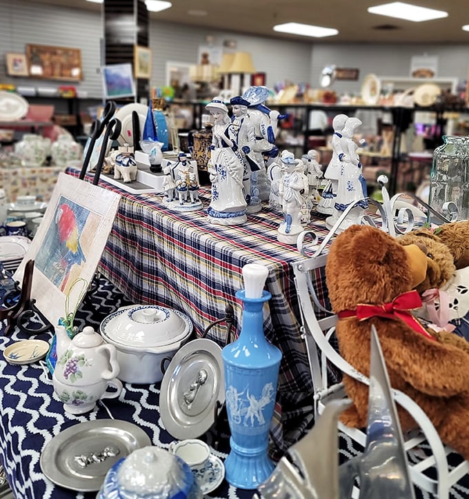 Grandma's china cabinet has nothing on this collection. Blue and white figurines mingle with teddy bears in a delightful jumble of nostalgia.