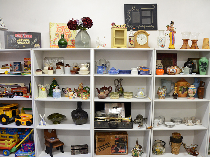 Curio shelves that would make your grandmother swoon&mdash;teapots, figurines, and knickknacks arranged like a museum of everyday Americana.