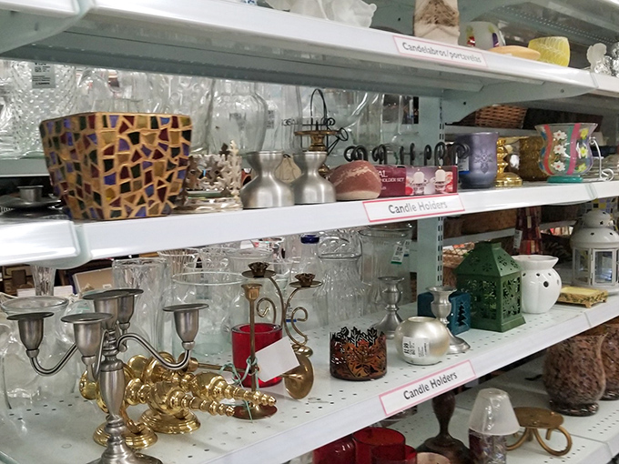 The home d&eacute;cor aisle: where someone's "what was I thinking?" becomes your "this is exactly what I was looking for!" Candleholders galore await their flame.