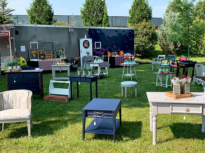 Shabby chic meets farmhouse charm in this furniture display. Each piece whispers stories of past lives while promising new memories in your home.