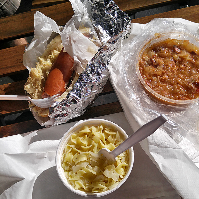 A perfect picnic spread that puts fancy restaurant meals to shame. Haluski, kielbasa, and pierogies&mdash;the holy trinity of Pittsburgh comfort food.