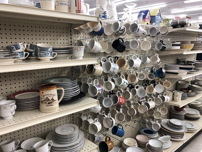 Mug collectors, rejoice! This display holds enough coffee vessels to fuel a small army of Wisconsin winter warriors.