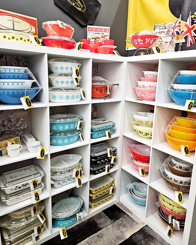 Pyrex paradise! Every pattern your grandmother ever owned, displayed in a rainbow of mid-century kitchen glory.