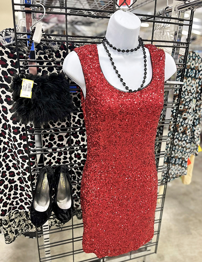 From special occasion to everyday glamour. This sequined red dress and accessories could take you from Wisconsin wedding to Broadway opening night.
