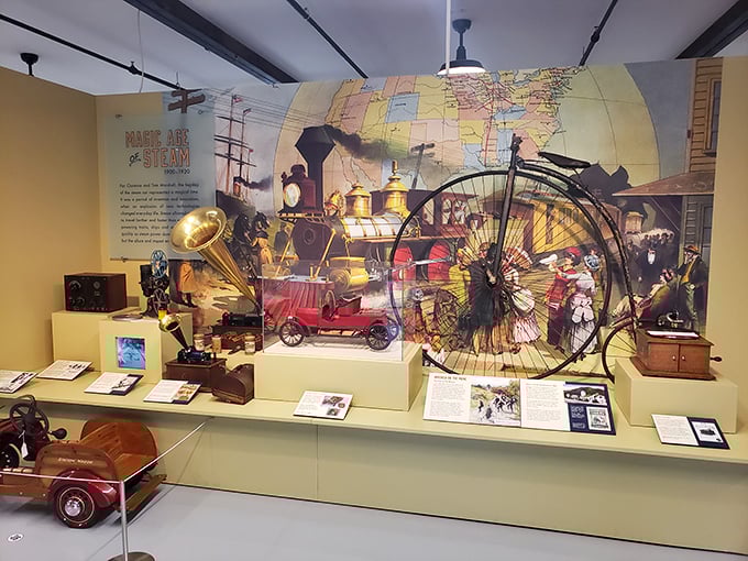 The "Magic of Steam" exhibit takes visitors through transportation's evolutionary journey, from penny-farthings to steam-powered marvels that changed the world.