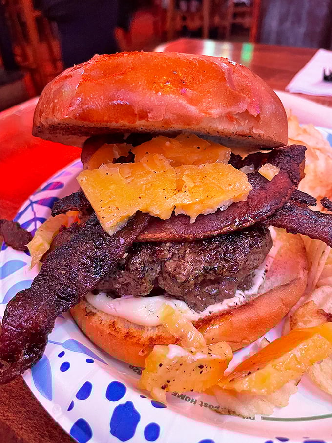 The burger that launched a thousand road trips. Topped with bacon and pineapple, it's the kind of sandwich that makes vegetarians question their life choices.
