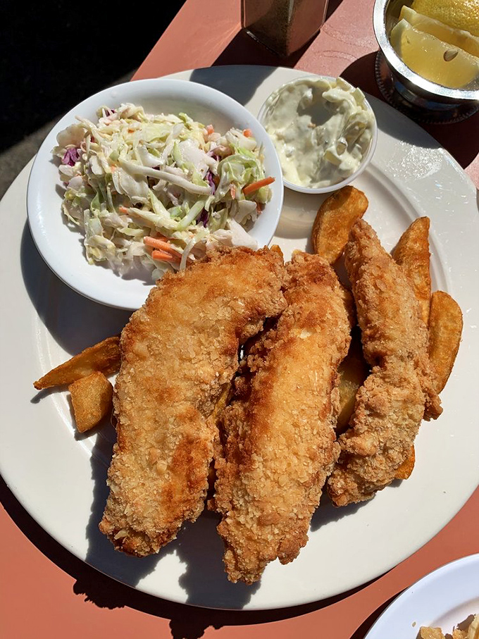 Fish so perfectly fried it would make Neptune himself put down his trident for lunch. The coleslaw adds that essential crunch factor.