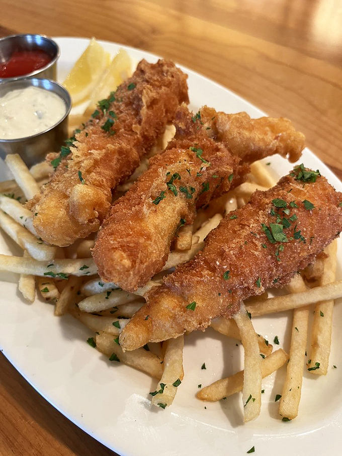 Fish and chips that would make a Brit weep with joy. Crisp, golden batter protecting flaky white fish &ndash; a beach classic elevated to art form.