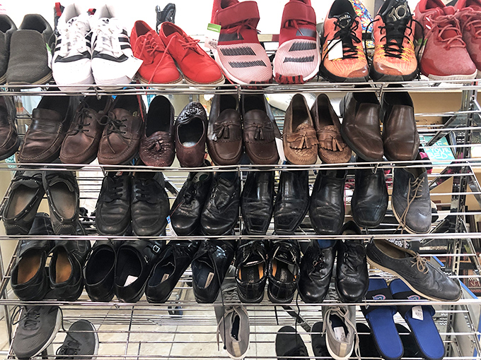 The footwear department: where barely-worn Adidas sneakers sit beside leather loafers with stories to tell. Shoe karma at its finest.