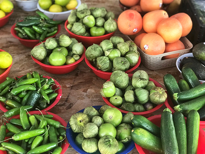 Nature's jewel box&mdash;these tomatillos, peppers, and cucumbers didn't travel on a cargo plane from another hemisphere; they probably grew just down the road.