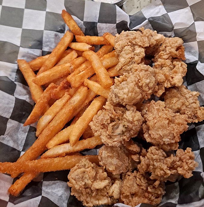 Golden-fried shrimp and crispy fries&mdash;the dynamic duo of seafood comfort. This basket of happiness could make a seagull weep with envy. 
