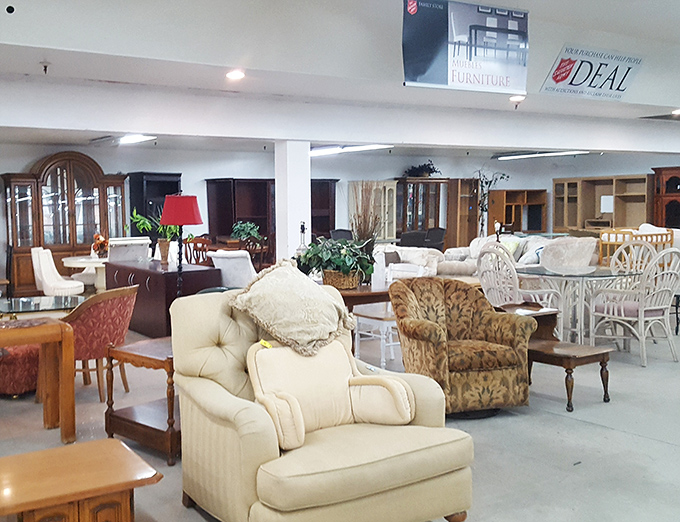 The furniture department resembles a living room convention, where comfortable chairs from different decades mingle in upholstered harmony.