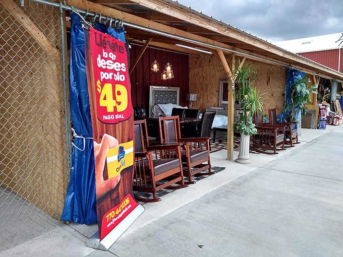 Not just any furniture showroom&mdash;this outdoor display of rocking chairs invites weary shoppers to imagine these pieces on their own front porches.