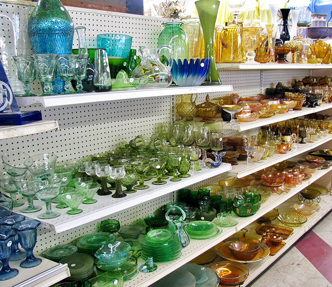 The glassware section glows with jewel tones that would make Tiffany jealous&mdash;emerald goblets and amber treasures for less than a latte.